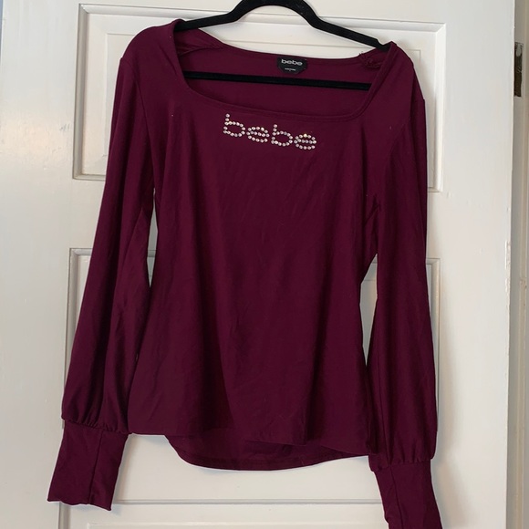 bebe | Tops | Large Bebe Plum Purple Bling Logo Stretchy Long Sleeve ...